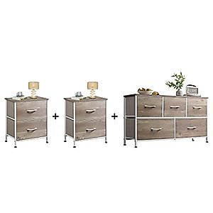 WLIVE Two 2-Drawer Nightstand and 5-Drawer Dresser Set, Fabric Dresser, Storage Organizer Unit with Fabric Bins for Closet, Living Room, Hallway, Nursery, College Dorm, Greige
