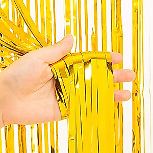 BRAVESHINE 3.2 ft x 8.2 ft Tinsel Foil Fringe Curtains Metallic Photo Booth Backdrops Party Supplies for Birthday Wedding Christmas Bridal Bachelorette Holiday Decorations - 2 Navy Blue + 2 Pure Gold