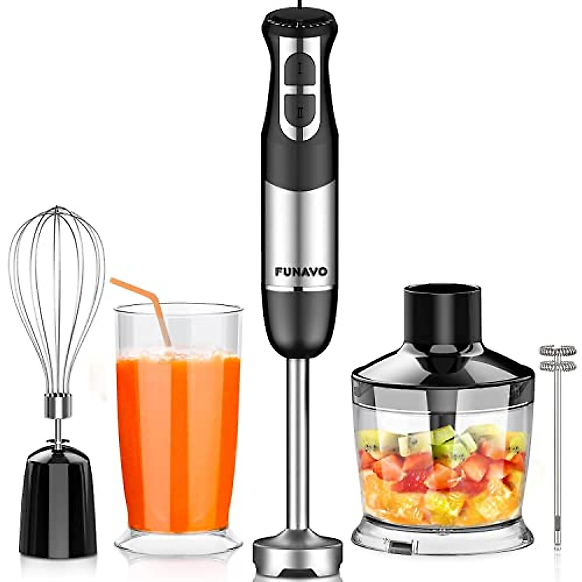 FUNAVO Hand Blender, 800W 5-in-1 Immersion Hand Blender, 12-Speed Multi-function Stick Blender with 500ml Chopping Bowl, Whisk, 600ml Mixing Beaker, Milk Frother Attachments, BPA-Free