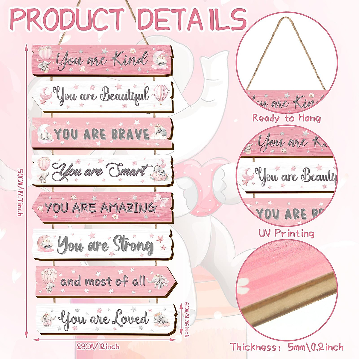 Inspirational Girl Room Decor Aesthetic Art Wall Hanging Sign Inspiring Colorful Rainbow Wooden Decoration for Kids Teens Toddler Boy Baby Bedroom Nursery Dorm Decor, 6-12 Years Old (Elephant)