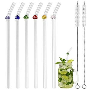 5/6Pcs Reusable Glass Straws, with 2 Cleaning Brushes, Clear Cute Butterfly Cherry Mushroom Straws Heat-Resistant Glass Straws for Smoothies Tea Juice Milkshakes Dishwasher Safe (Mushroom)
