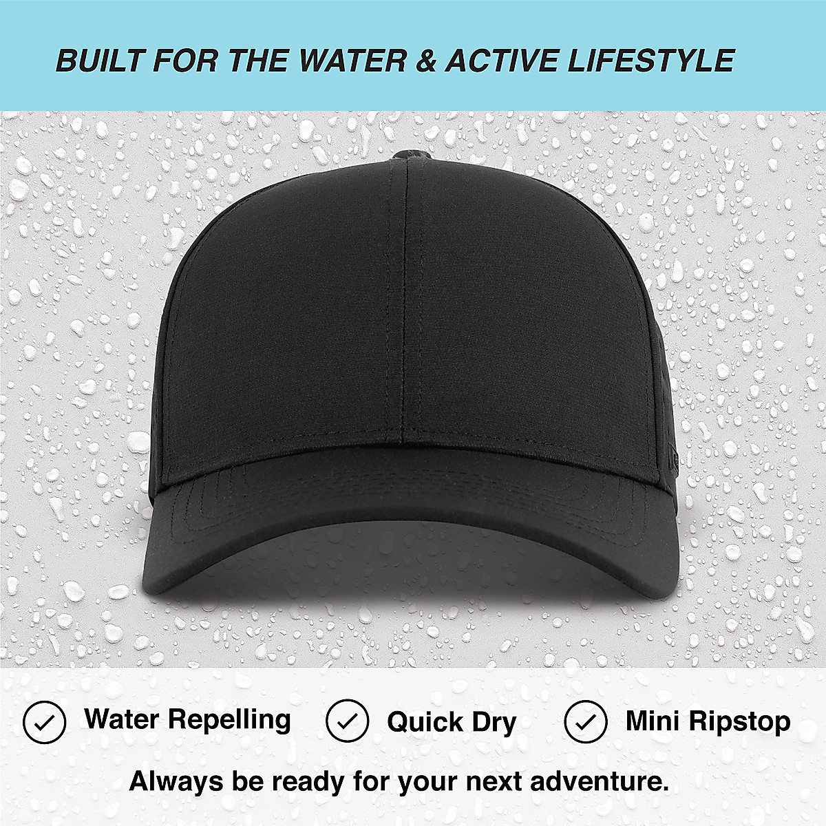 Hydro Hat, Waterproof Baseball Cap for A-Game Performance, 6-Panel Snapback for Gym, Boat, Golf, Workout, Running, Sweat Resistant, One Size, Unisex Black