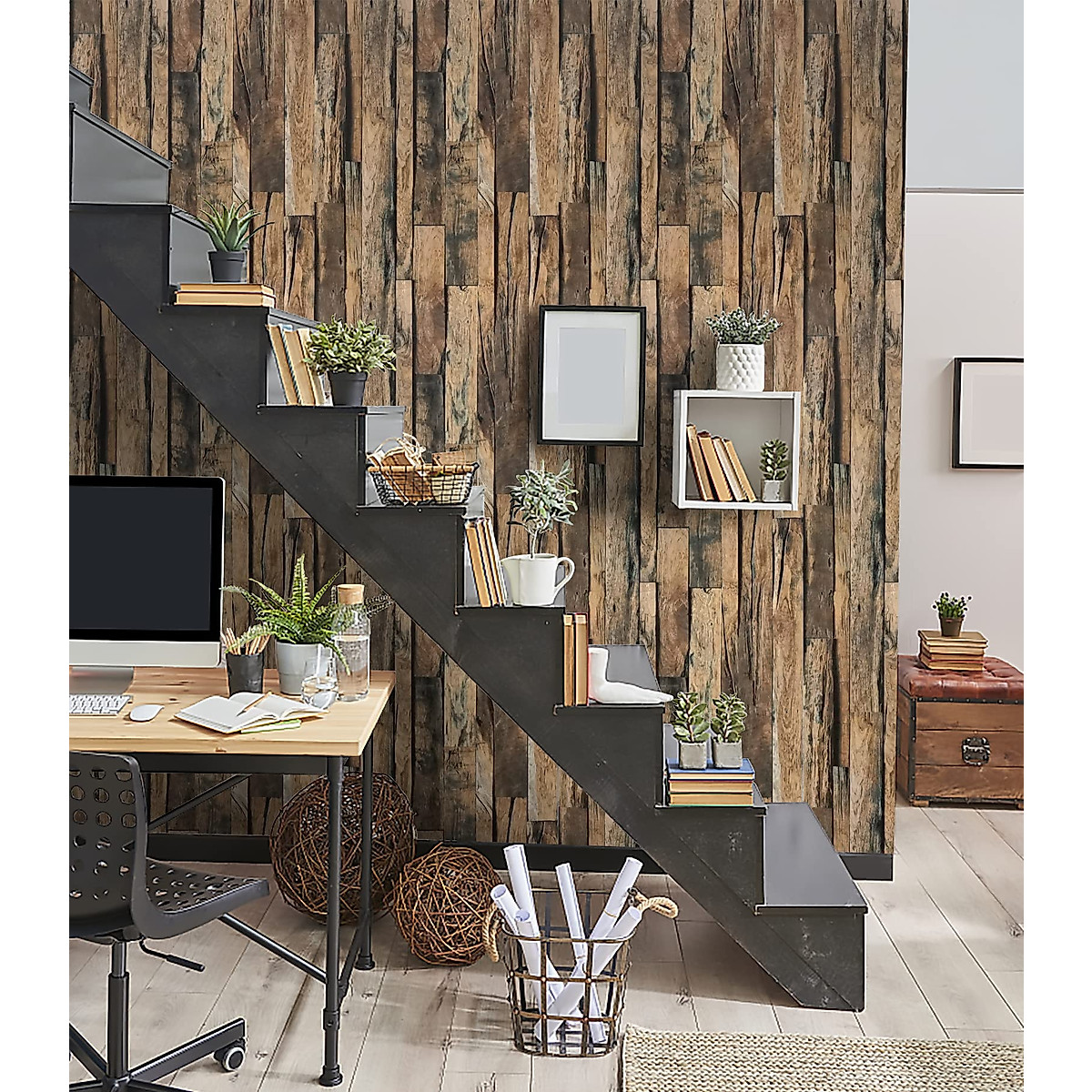 CiCiwind Peel and Stick Wallpaper Brown Wood Contact Paper Removable Self Adhesive Wallpaper Shiplap Vintage Wood Grain Wallpaper for Bedroom Bathroom Kitchen Cabinet 17.7" X 78.7"