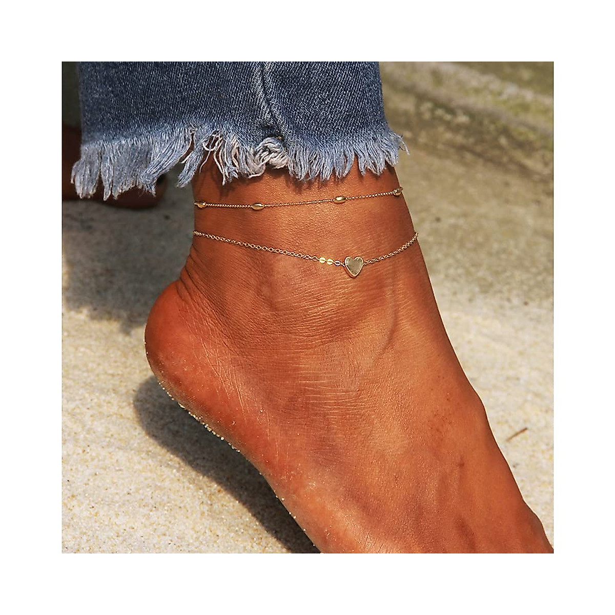 Fesciory Women Heart Anklet Adjustable Beach Layered Ankle Bracelets for Women Gold Alloy Foot Chain Jewelry (Gold Heart)