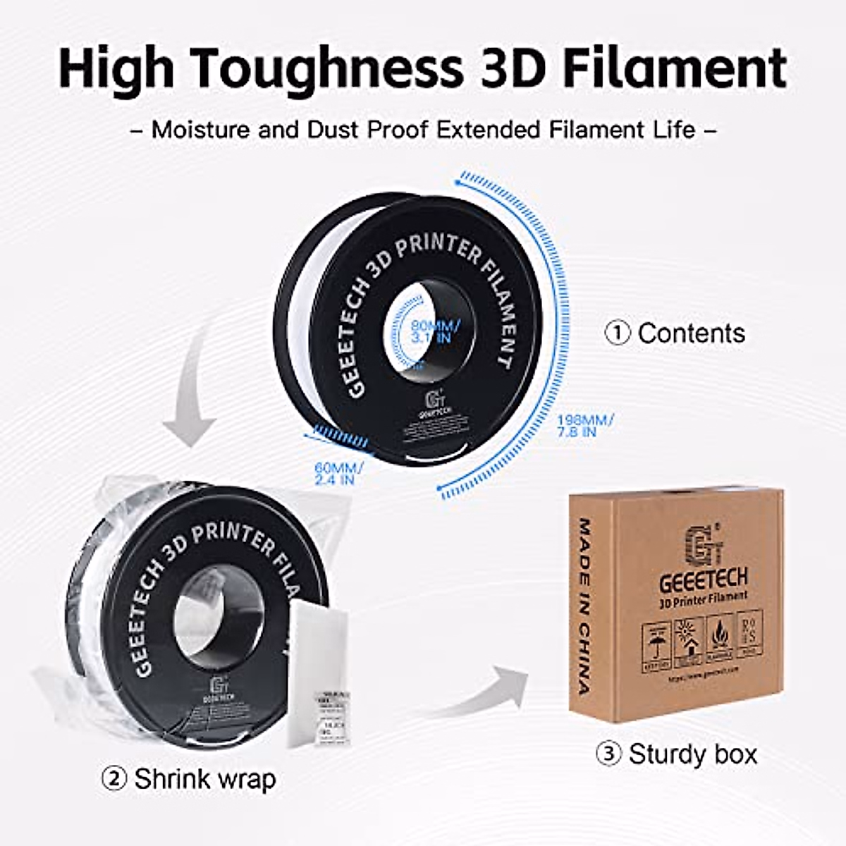 Geeetech 1.75mm PLA 3D Printer Filament, 1kg Spool (2.2lbs), Upgrade Tidy Winding Tangle-Free, Dimensional Accuracy +/- 0.03mm, White