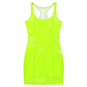 YONGHS Women's Latex Faux Leather Bodycon Mini Dress Sleeveless Low Cut Sexy Party Club Dresses Fluorescent Green X-Large