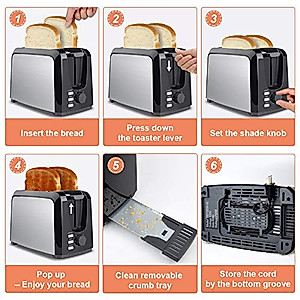 Toaster 2 Slice Stainless Steel Toaster Two Slice Toaster with Removable Crumb Tray Toaster Wide Slot Toasters 2 Slice Best Rated Prime with 7 Bread Shade Settings and Bagel, Defrost, Cancel Function for Bread (Black-OO)