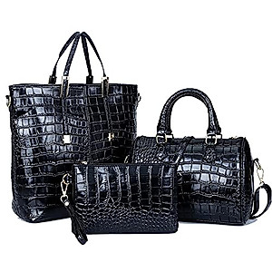 Downupdown Women Handbags and Purses Set Crocodile Pattern Tote Bags Top Handle Handbags Wristlets Wallet Shoulder Bag Satchel 3 Pcs with Shoulder Strap-Black