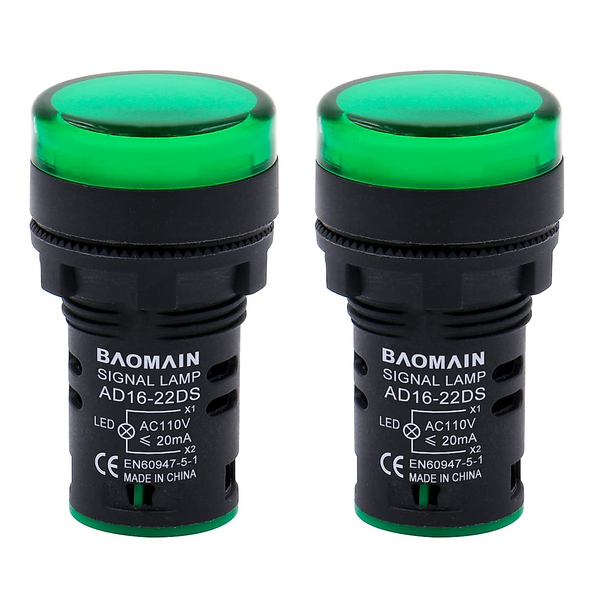 Baomain LED Indicator Pilot Light AD16-22D AC 110V 20mA Energy Saving Green Pack of 2