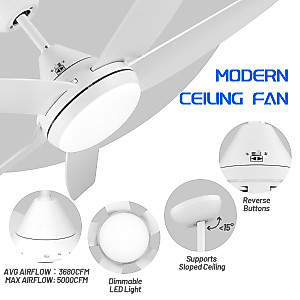 wurzee Ceiling Fans, 48 Inch, Modern Ceiling Fans 3-Speed, Reversible Motor, 24W LED, Dimmable Light, Timing 5 Blades, White Lighting & Ceiling Fans for Dining Room, Kitchen, Garage, Game Room