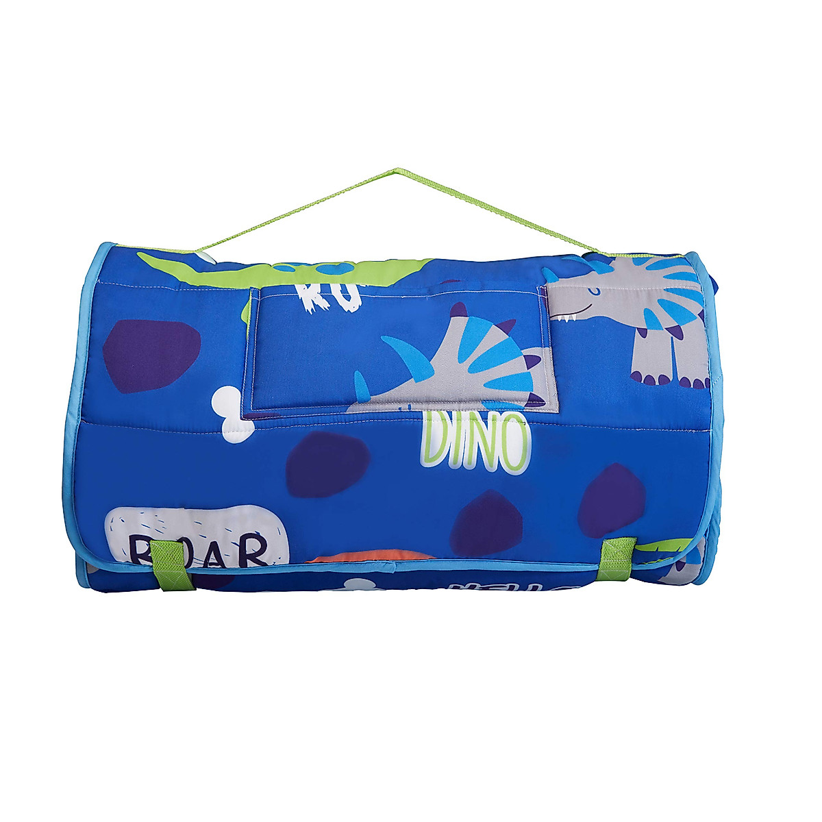 EVERYDAY KIDS Nap Mat with Removable Pillow - Roarin' Dinos - Carry Handle with Straps Closure, Rollup Design, Soft Microfiber for Preschool, Daycare, Travel Sleeping Bag - Ages 3-6 Years