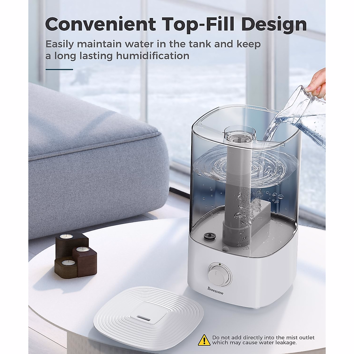 BREEZOME 4L Humidifiers for Bedroom, Essential Oil Diffuser, Top Fill Cool Mist Ultrasonic Humidifiers for Baby, Plants, Nursery, Humidifiers for Large Room Last up to 50 Hours, Quiet Operation