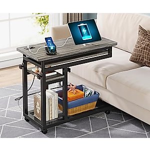 Tribesigns Small Portable Desk with Power Outlet, Height Adjustable Sofa Couch Bedside Laptop Table with Wheels, Mobile Standing Desk Rolling Computer Cart C Side Table with USB Ports