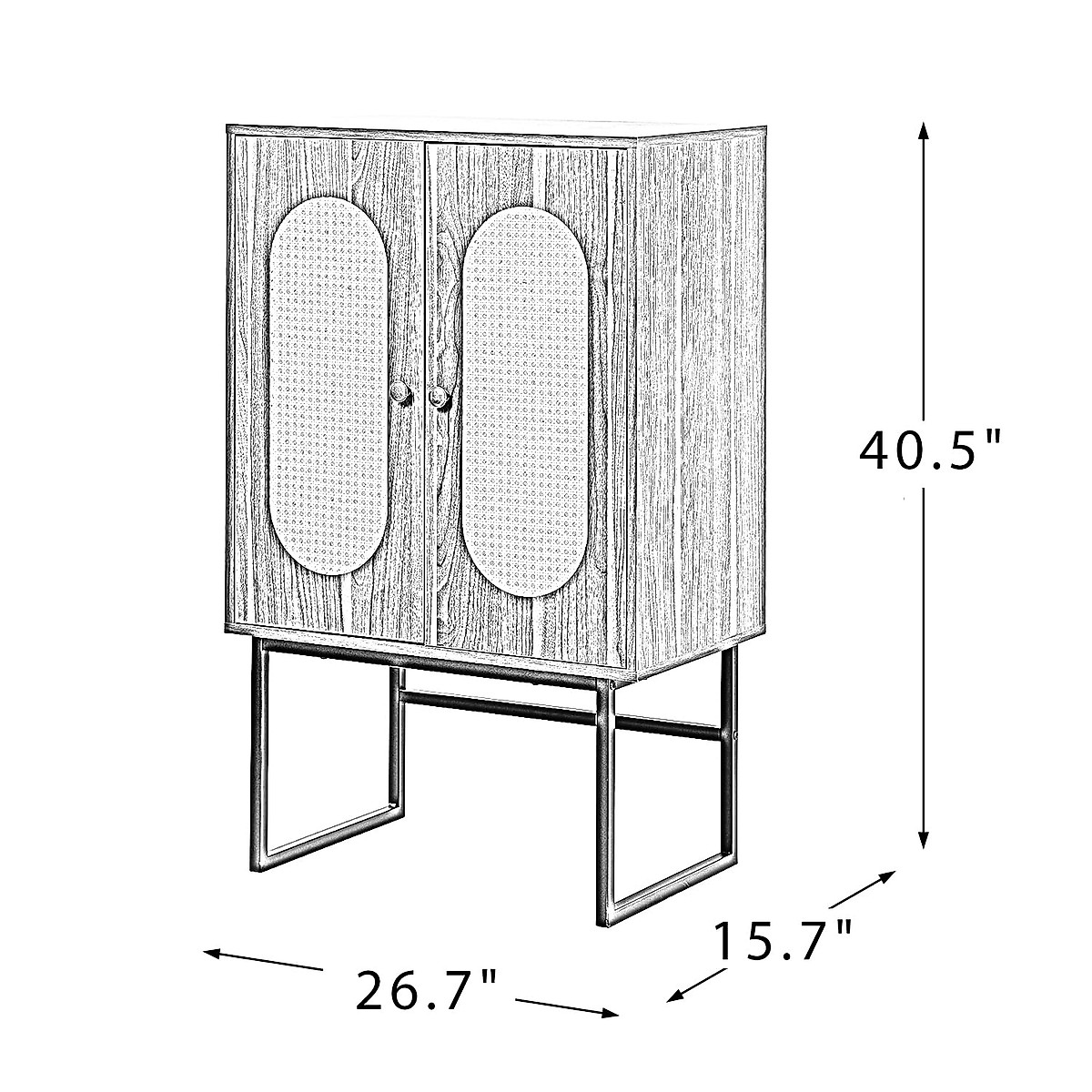 Voohek High 2 Rattan Doors, Interior Shelves and Black Metal Base, Sideboard w/Simulated Wood Patterns & Retro Knobs Elements On Surface Storage Cabinet, Walnut