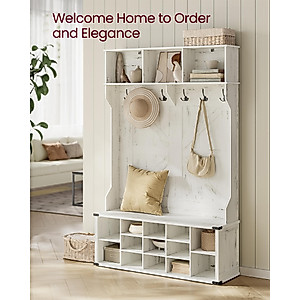 VASAGLE Hall Tree with Bench and Shoe Storage, Coat Rack with Shoe Bench, Entryway Furniture, 16 Open Compartments, 6 Tri-Hooks, Farmhouse Style, Space Saving, Rustic White UHSR427W02