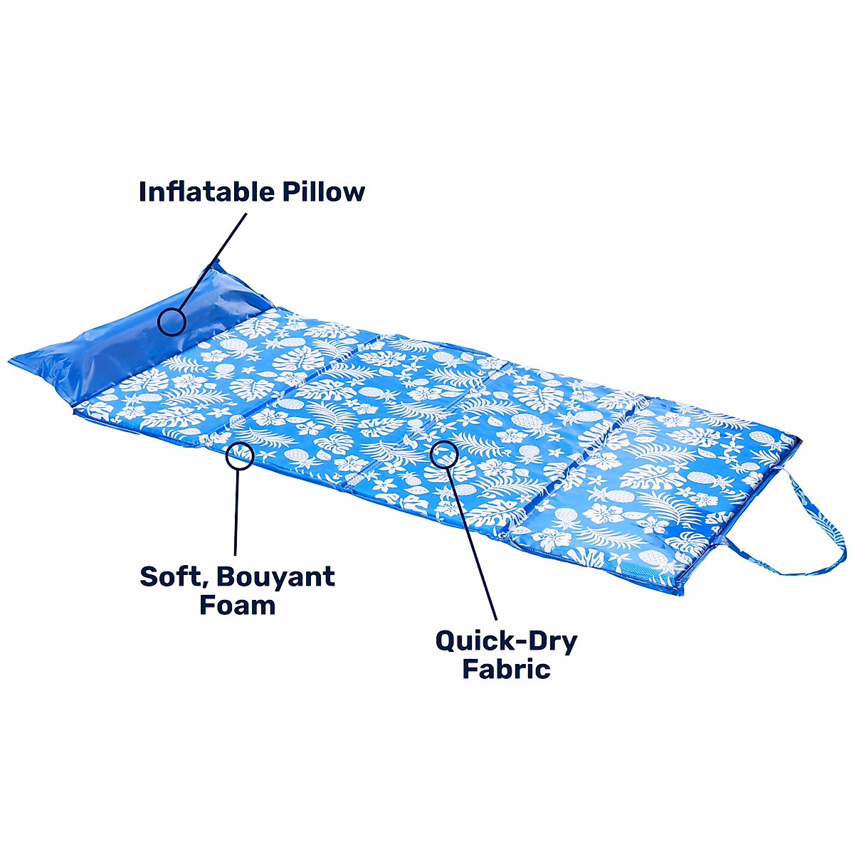 Aqua 3-in-1 Fold and Go Pool Float, Mat and Lounge, Padded Mat for Land or Water with Carry Strap, Blue Pineapple Hibiscus