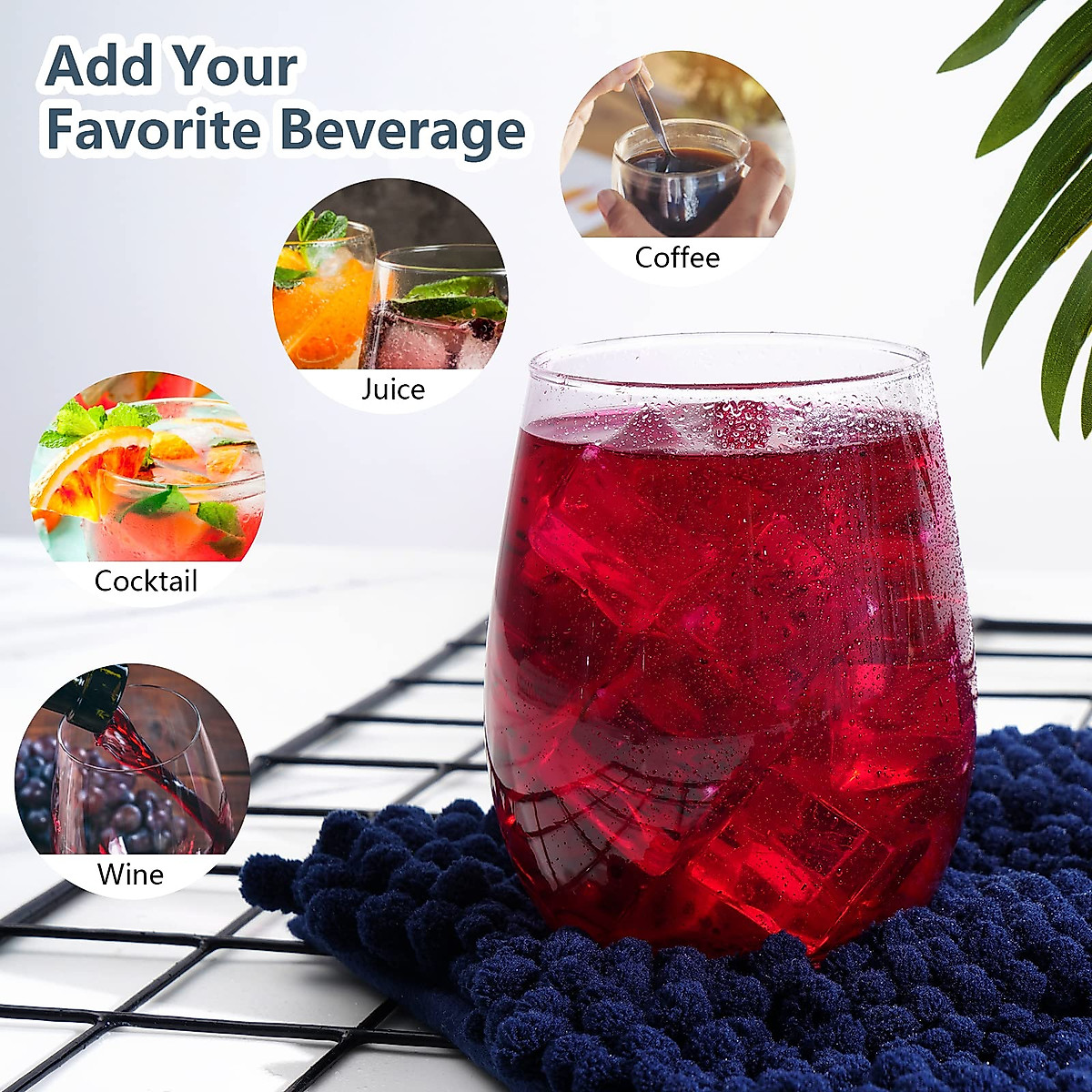 Waipfaru Wine Glasses, 15 oz Stemless Wine Glasses, Set of 4 Glasses for Red or White Wine, Durable Clear Drinking Glasses, Short Wine Tumblers for Gifts, Party, Home, Office, Bars