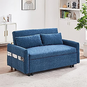 Verfur 3 in 1 Pull Out Sleeper Sofa Bed,Convertible Futon Couch with Adjustable Backrests, Modern Microfiber Loveseat with 6 Pockets and Pillows, Small Love Seat for Living, Guest Room,Office, Blue