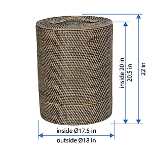 KOUBOO Round Rattan Laundry Hamper with Removable Liner and Lid - Coastal, Natural Decor Style - Small Size for Apartment Living - Stylish Addition for Your Home -18 in. height, Black-Wash