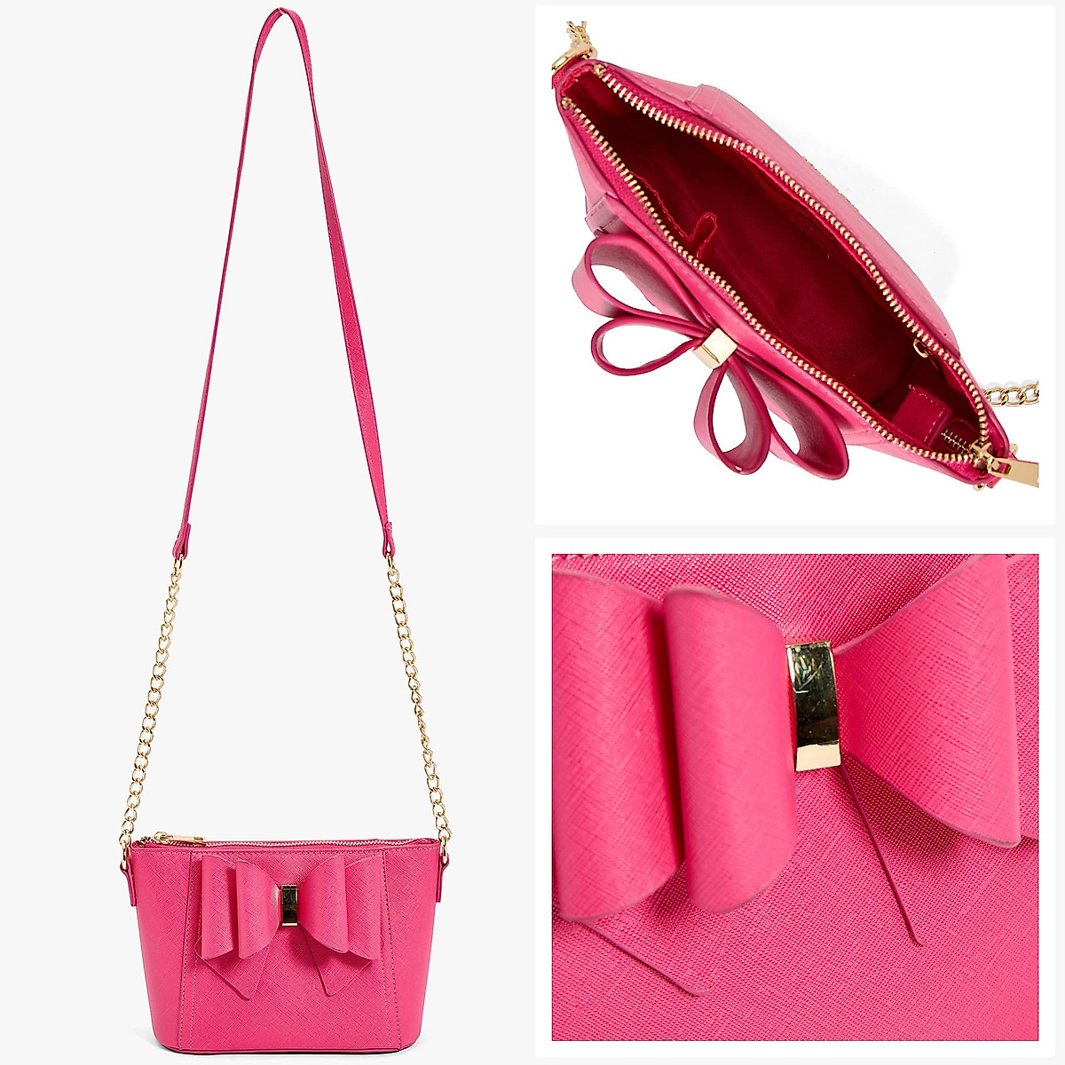 Like Dreams Womens Small Crossbody Vegan Leather Bowtie Fashion Gold Chain Handbag Purse (Fuchsia)