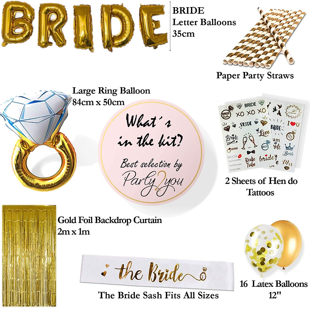 PARTY2YOU Bachelorette Party Gold Decorations | Bridal Shower Supplies Kit - Bride Sash, XL Ring Balloon, Gold Curtain, BRIDE, Latex Balloons, eco Friendly Gold Straws