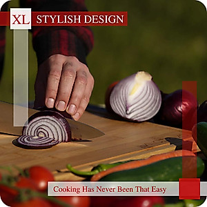 CAZZOVA Bamboo Cutting Board EXTRA LARGE with RULER and Juice Groove - Kitchen Wood Butcher Block for Meat Vegetables and Cheese- Chopping- Charcuterie Board- Wooden Serving Tray w/ Handles