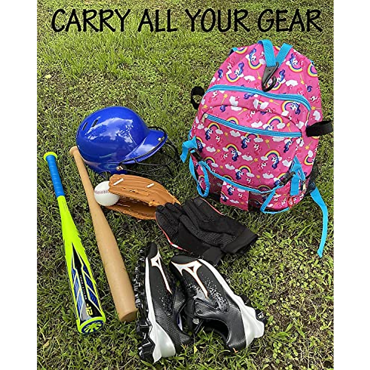 Aozora Youth Tball and Baseball Backpack Bag Lightweight Baseball Bag Hold Bats, Helmet, Glove, Caps, Valuables Pocket, Fence Hook (Unicorn Pink)