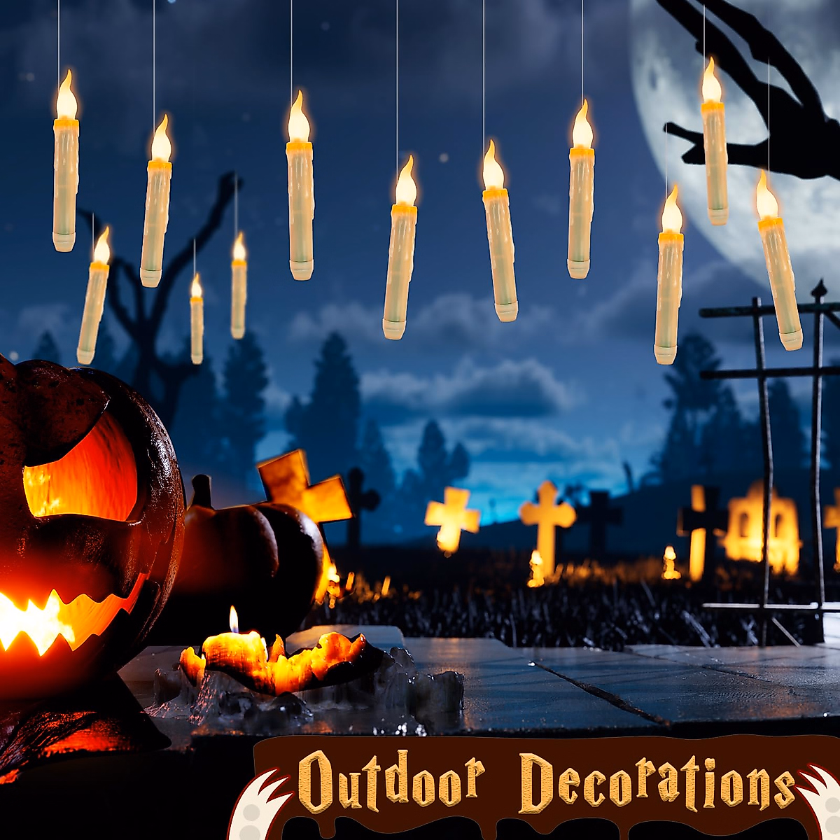 BAYSING 12Pack Halloween Decorations Floating LED Candles with Wand Remote Control, Battery Operated Hanging Taper, Halloween Decor Candles, Indoor Outdoor Home Table Church Wedding Decor