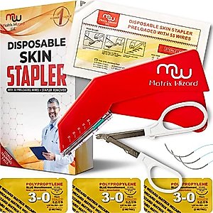 Sterile Suture Thread with Needle Plus Disposable Preloaded 55 Wire Stapler Tool - Medics, EMT, Nursing First Aid Surgical Suture Practice Kit; Outdoor Emergency Wound Training Set; Vet Use