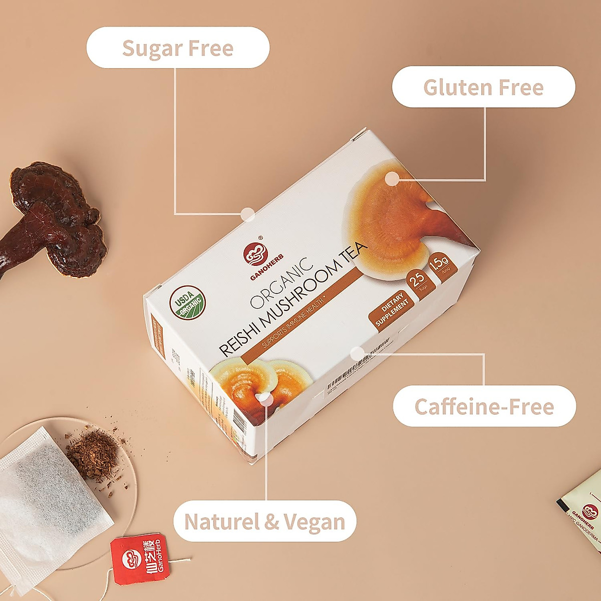 GANOHERB Organic Reishi Mushroom Tea, Adaptogen Ganoderma Lucidum Herbal Tea for Immune Health Boost, Stress Relief, 100% USDA Organic, Caffeine-Free, No Sugar, 25 Count (Pack of 1)