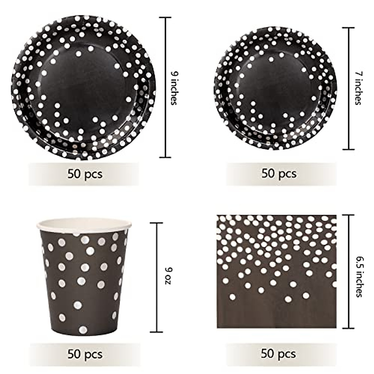 Gudvilla 200Pcs Black & Silver Dot Party Dinnerware for Graduation, Birthday, Retirement & Anniversary