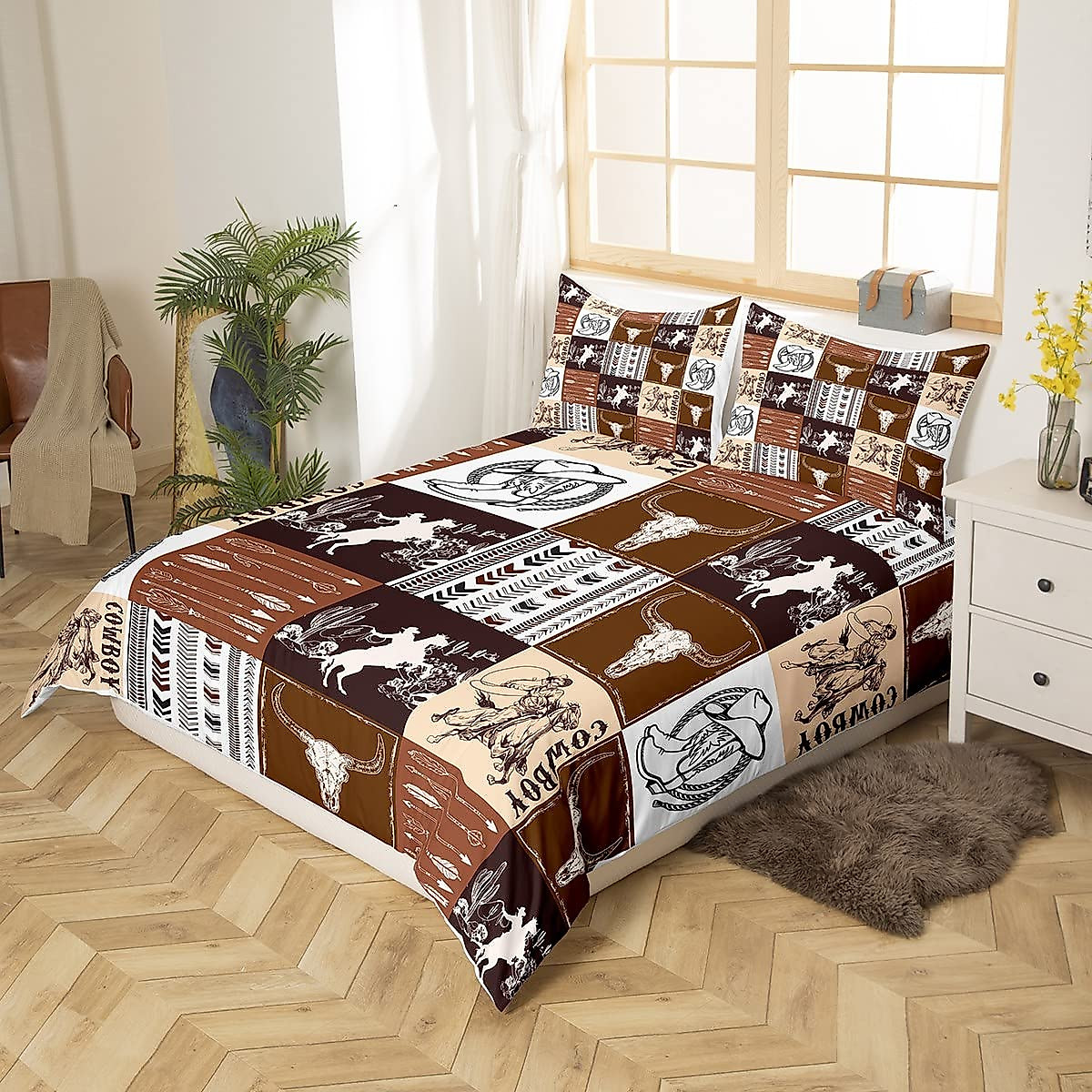 Western Cowboy Kids Duvet Cover Set Queen Size, Bull Skull Horse Arrow Print Quilt Cover with 2 Pillowcases, American West Brown Lattice Patchwork Bedding Cover for Boys Teens Room Decor, No Filler