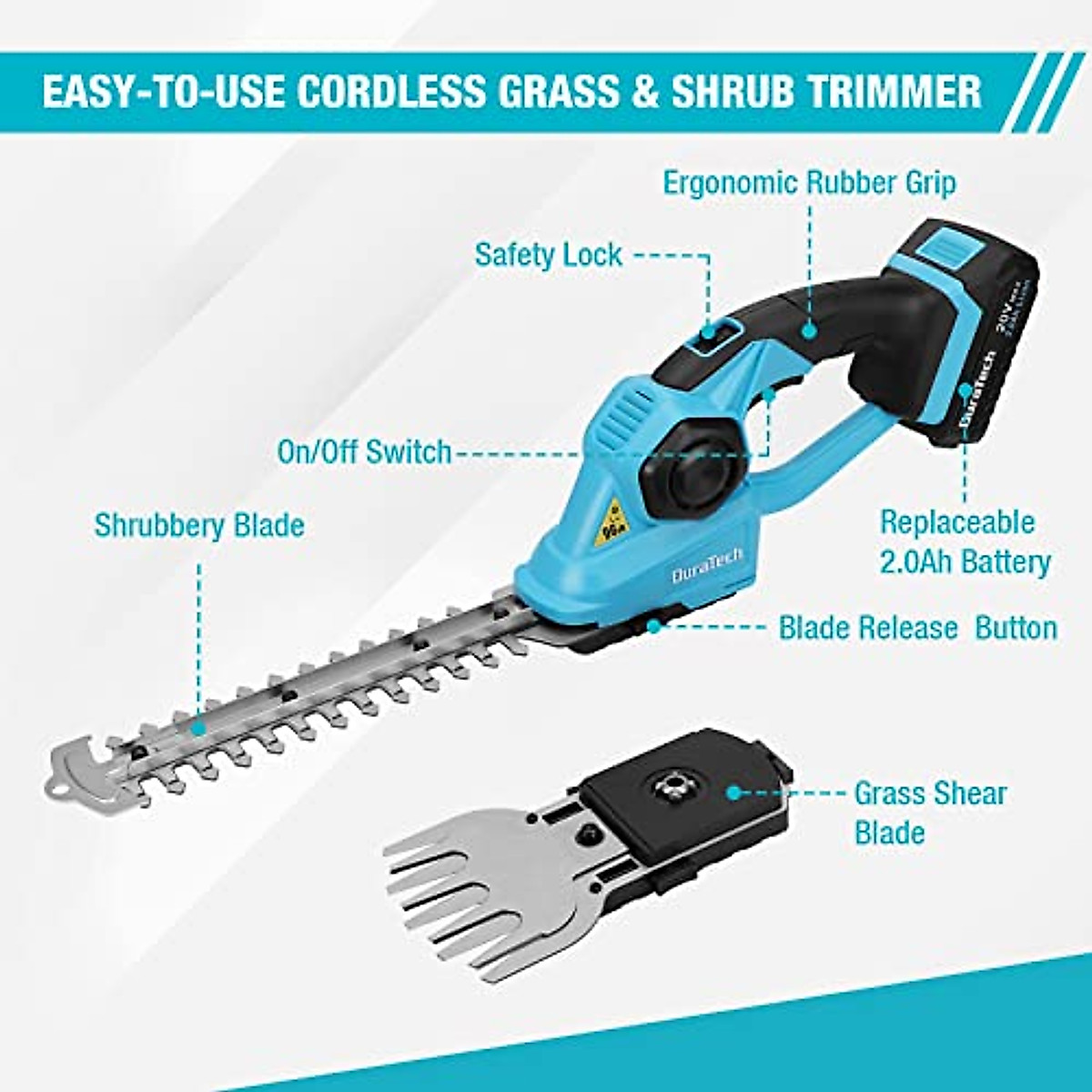 DURATECH 20V Cordless Hedge Trimmer Grass Shears Combo, 2-in-1 Handheld Shrubbery Hedge Trimmer Electric Rechargeable Grass Cutter for Garden - 2.0 Ah Lithium-Ion Battery and Quick Charger Included