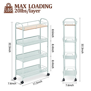 KINGRACK 4-Tier Slim Rolling Cart with Wooden Tabletop, Metal Utility Cart, Easy Assemble Slide Out Narrow Storage Cart for Narrow Space Kitchen Bathroom Laundry Room, Green