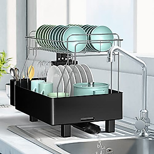 Klvied Dish Rack with Swivel Spout, 2 Tier Drying Rack for Kitchen Counter, Large Dish Drying Rack with Drainboard, Dish Strainers for Kitchen Counter, 304 Stainless Steel Dish Drying Rack, Black