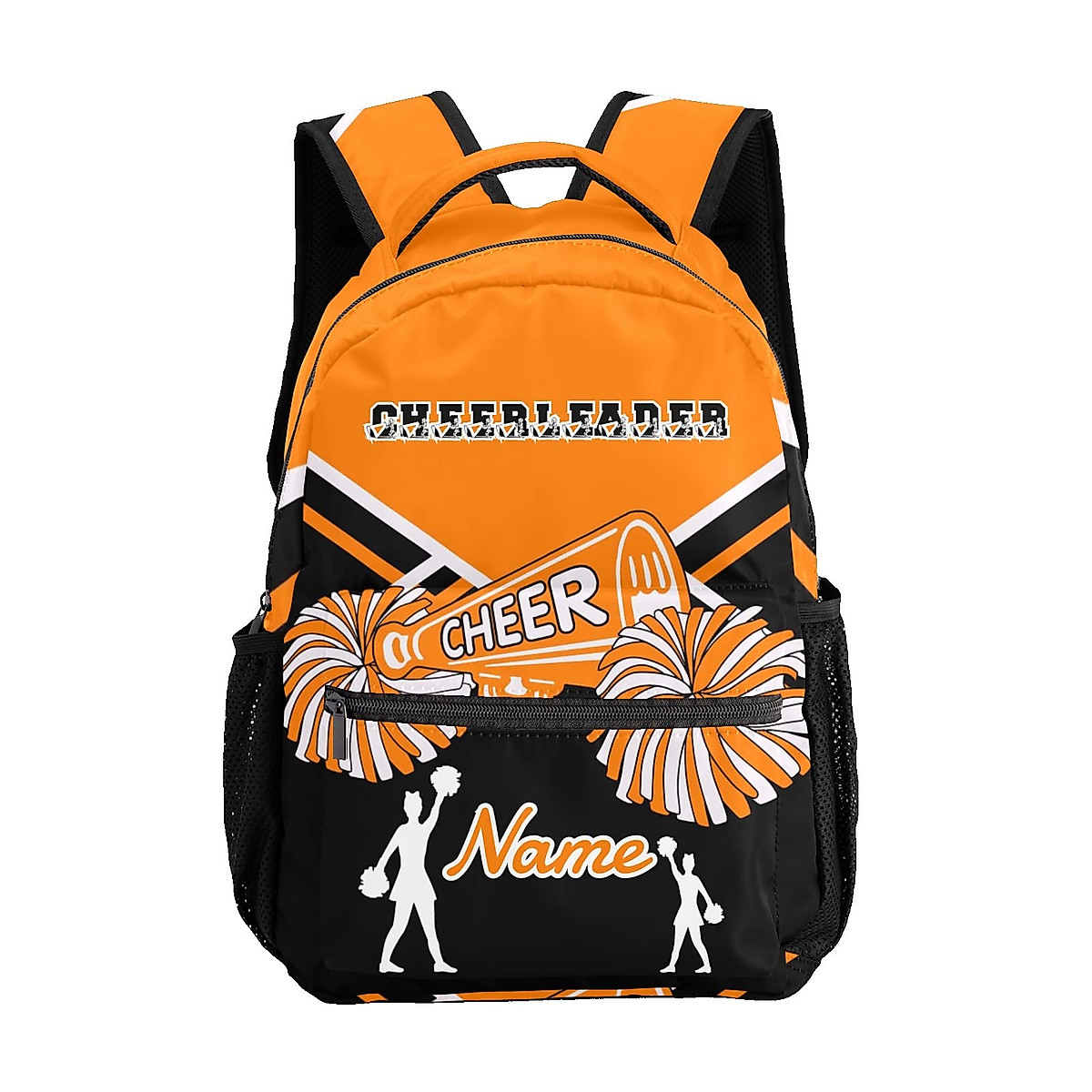 Zaaprint Personalized Orange Black Cheer Cheerleader Waterproof Backpack with Name Text for Women Men Gift