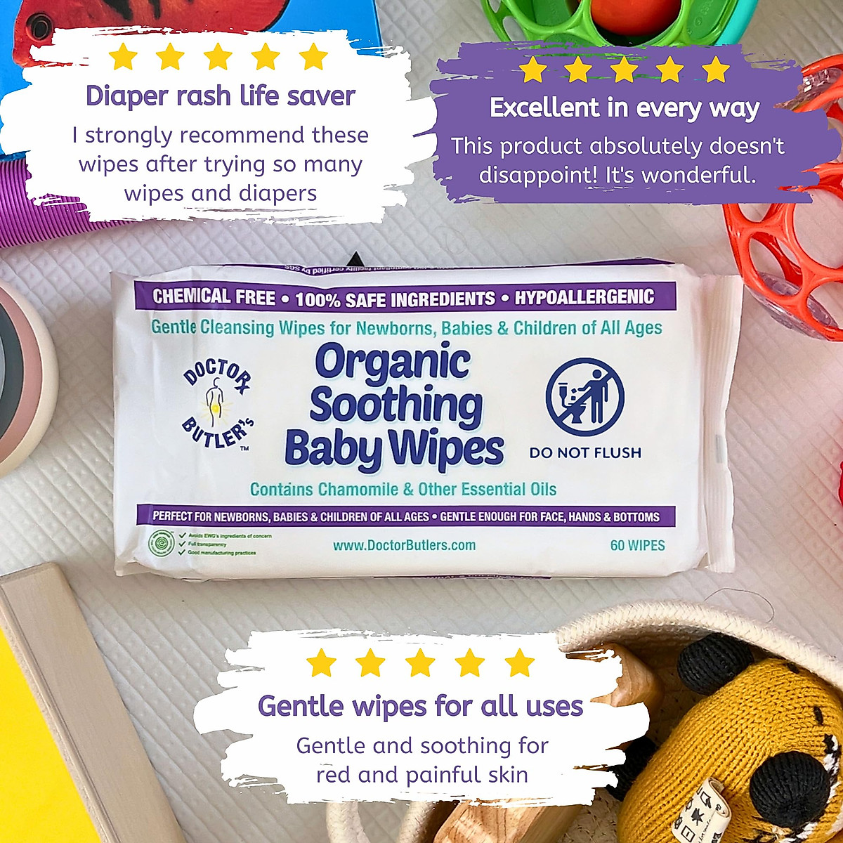 Doctor Butler's Organic Baby Wipes - Hypoallergenic & Unscented Baby Wipes, Safe for Baby Sensitive Skin Care, Made with Chamomile & Essential Oils (1pk – 60 Wipes)