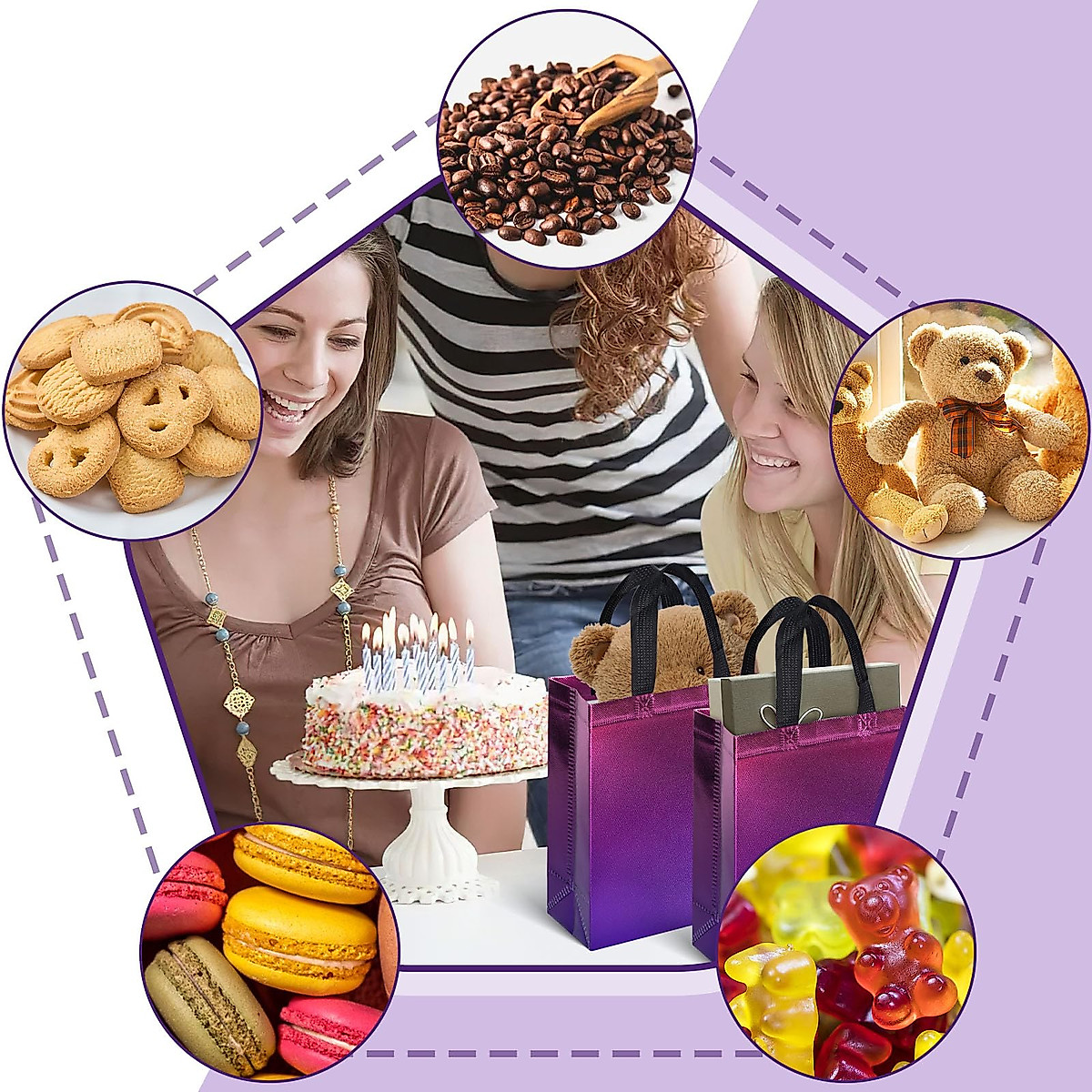 Shindel 6PCS Gift Bags with Handles, Reusable Gift Bags with Iridescent Finish 8"x4"x10" Gradient Purple Party Favor Bags for Birthdays Goodies Treat