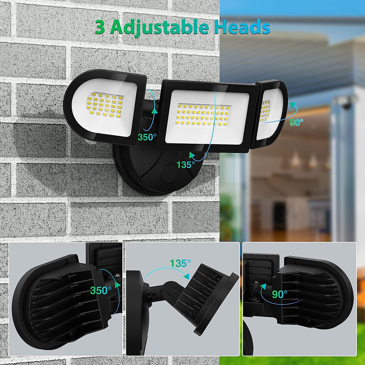 iMaihom 50W Flood Lights Outdoor, 3 Adjustable Heads LED Flood Light, IP65 Waterproof Outdoor Flood Light, 6000K Daylight White 4600LM Bright Security Lights for Yard Garage Driveway Patio (Black)