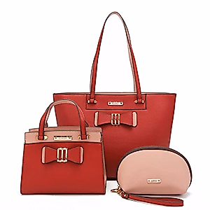 DESTINY BY NICOLE LEE 3 Pieces Set Bag 3D Bow Front Fashion Handbag Eco Leather Shopper Mini Messenger Bag Wristlet Pouch for Women Girls NK12311 RD