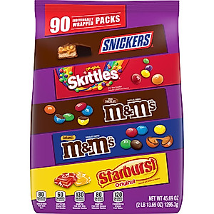 M&M'S Milk Chocolate, M&M'S Caramel, SNICKERS, SKITTLES & STARBURST Individually Wrapped Bulk Variety Pack Candy Assortment, 45.69 oz, 90 Pieces Bag