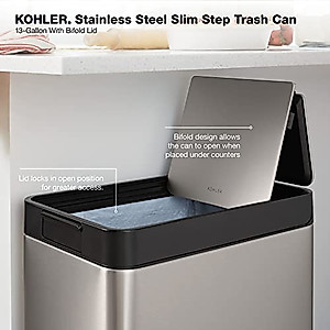KOHLER 23826-ST 13 Gallon Elongated Hands-Free Step Can, Trash Can with Soft-Close and Foot Pedal, Quiet Close Lid, Stainless Steel