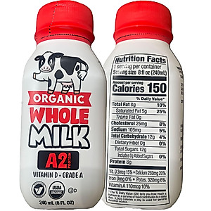 whole Milk Organic Shelf Stable Whole Milk Bottle, Kirkland Grass Fed Milk has Vitamin D & A2 Protein, Plus BETRULIGHT Fridge Decal - Single Serve, 8.0 Fl oz (Pack of 6)
