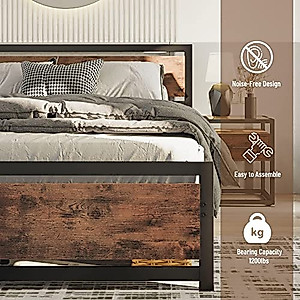 LIKIMIO King Bed Frame, Platform Bed Frame King with Industrial Wood Headboard and 12 Strong Support Metal Legs, Easy Assembly, Noise-Free, No Box Spring Needed