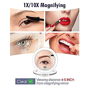 FASCINATE Magnifying Mirror 10X 1X Double Sided Magnification Makeup Vanity Mirror Rechargeable Lighted Mirror with 3 Color Setting Adjustable Rotation LED Vanity Desk Mirror White(Not Include Bag)
