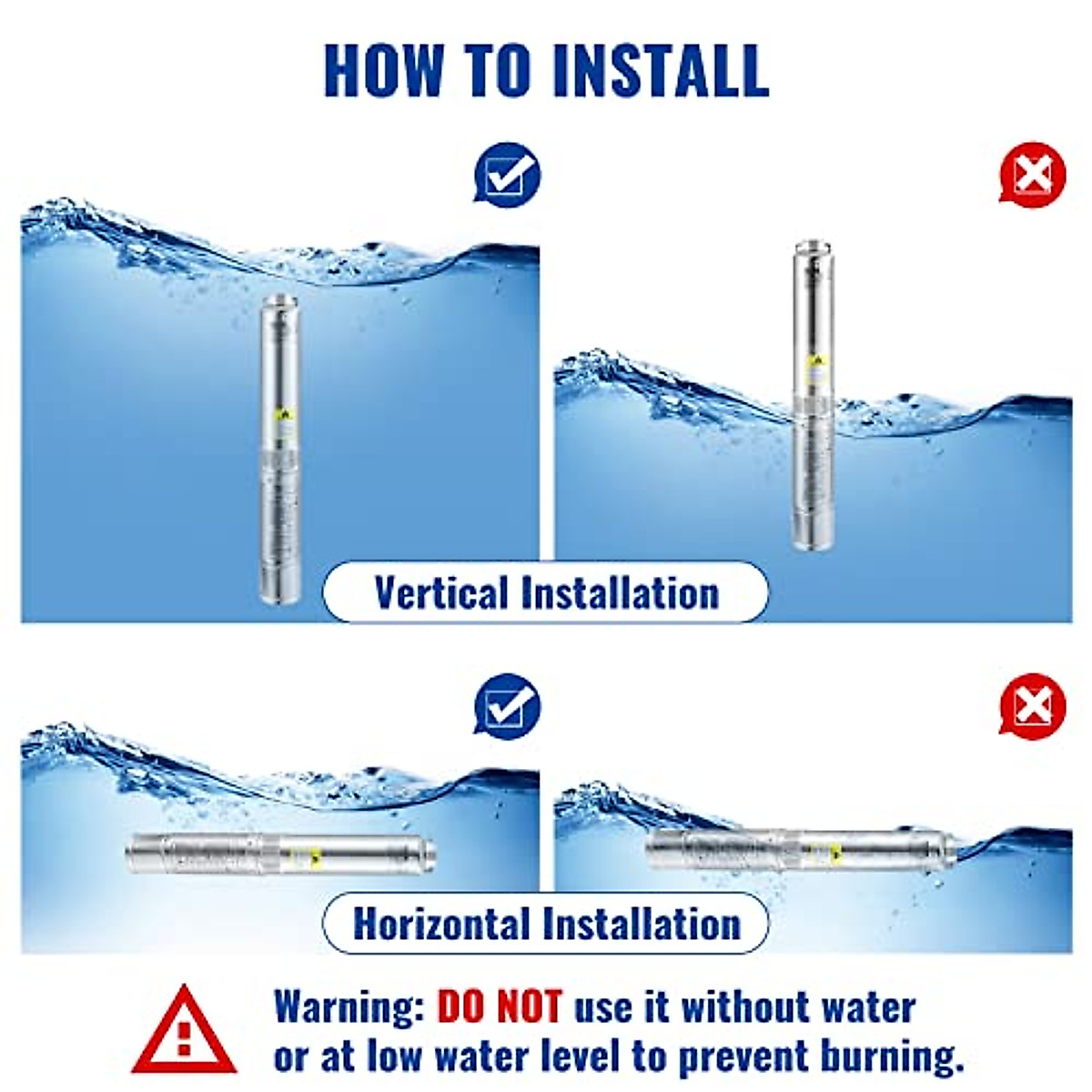 VEVOR Deep Well Submersible Pump, 0.5HP 115V/60Hz, 28gpm Flow 167ft Head, with 33ft Electric Cord, 4" Stainless Steel Water Pumps for Industrial, Irrigation&Home Use, IP68 Waterproof Grade