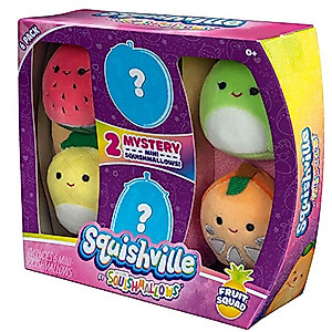 Squishville by Squishmallows Mini Plush Fruit Squad, Six 2" Soft Minimallow Plush, Irresistibly Colorful Fruits, Mini Peach, Pineapple, and Watermelon