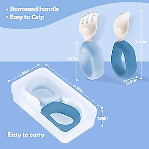 HIWOOD Baby Self Feeding Training Spoon and Fork Set with Travel Case, BPA-Free Cute Circle Toddler Training Utensils, Silicone/ABS Great Tableware Set Spoons Fork for Kids(Blue & Light blue)