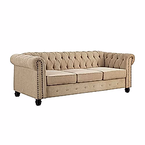 5STARS N&R RN Furnishings Chesterfield 81" Button Tufted Linen Fabric Sofa-Beige