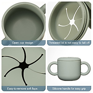 2 Pack Silicone Snack Cup Toddlers Sippy Cup Snack Containers with Double Handles Removable Lid for Toddler Baby Infants Training Cup for 6 Month+ (Army Green, Grayish Blue, 2 Pack)